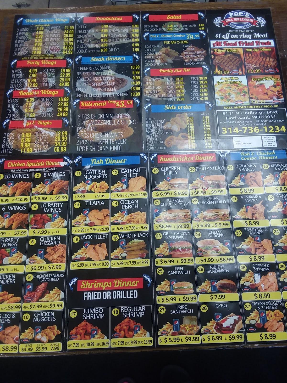 Menu at Pop's Grill, Fish & Chicken restaurant, Florissant