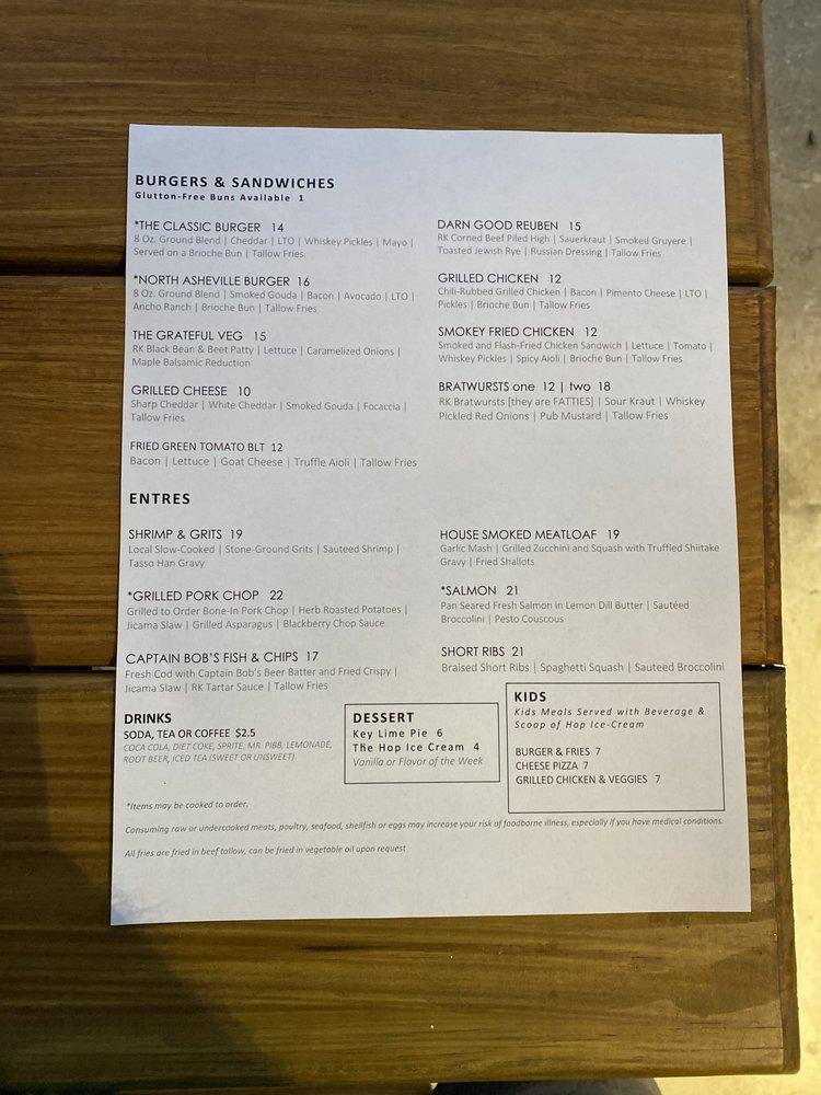 Menu at Rye Knot restaurant, Asheville