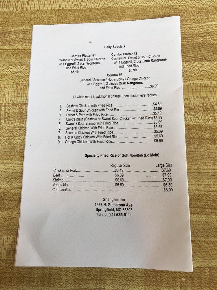 Menu at Shanghai Inn restaurant, Springfield