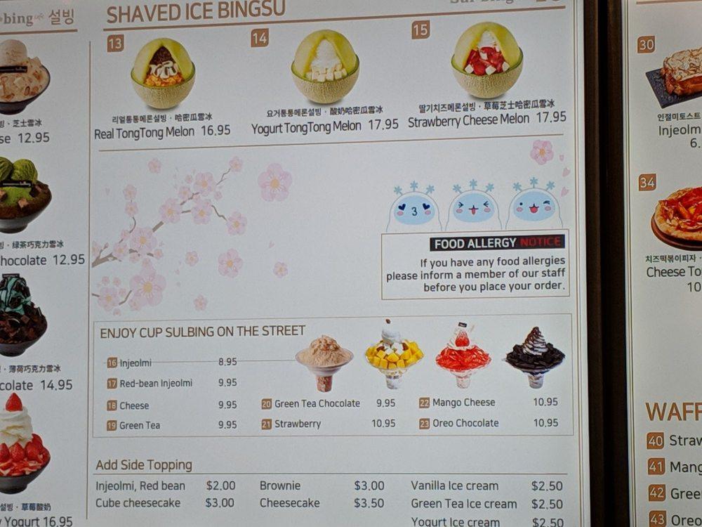Menu at Sulbing Café 설빙, Burnaby