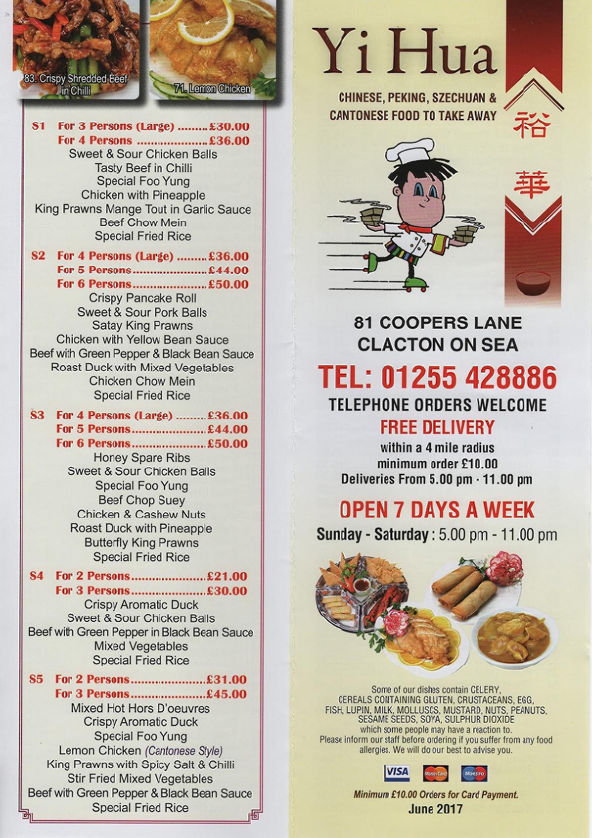 Menu at Yi Hua fast food, Clacton-on-Sea