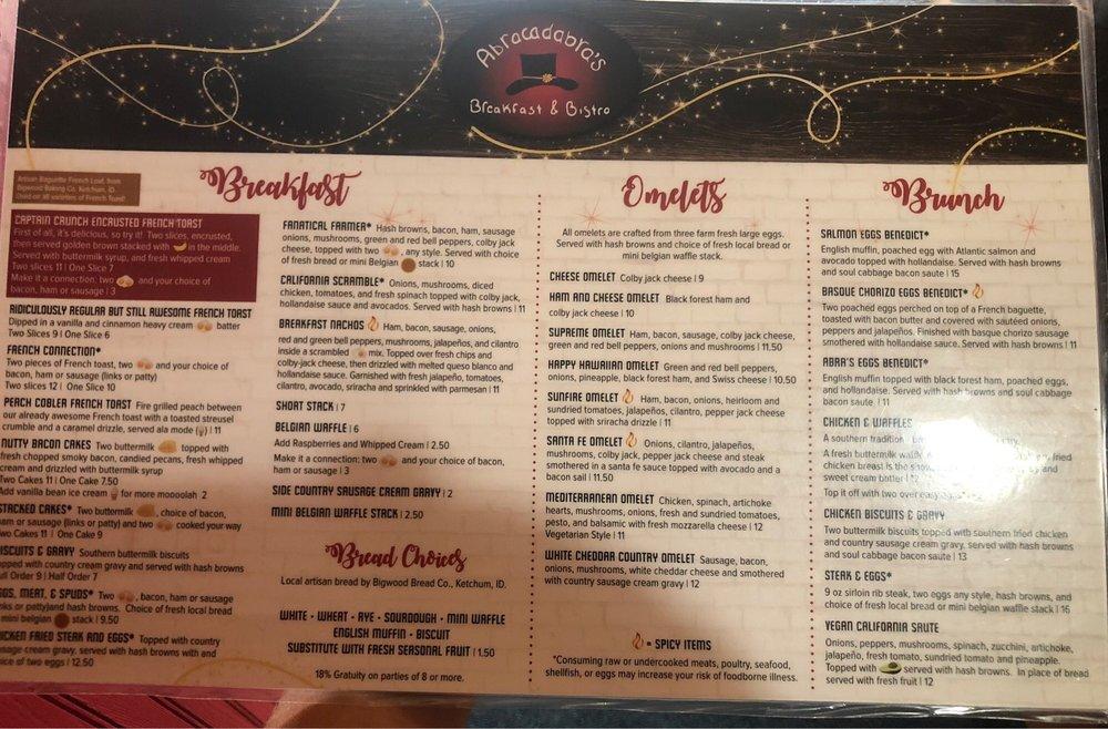 Menu at Abracadabra's Twin Falls restaurant, Twin Falls, Blue Lakes Blvd N