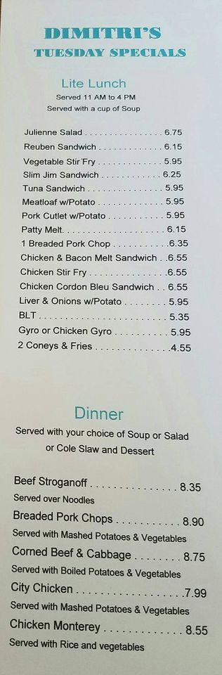Menu at Bayside Dimitri's Family Dining restaurant, New Baltimore, 23 ...