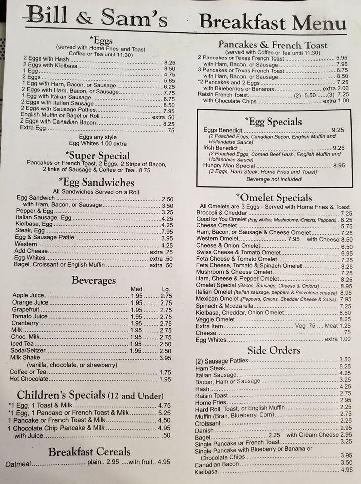 Menu at Bill & Sam's Diner restaurant, Wolcott