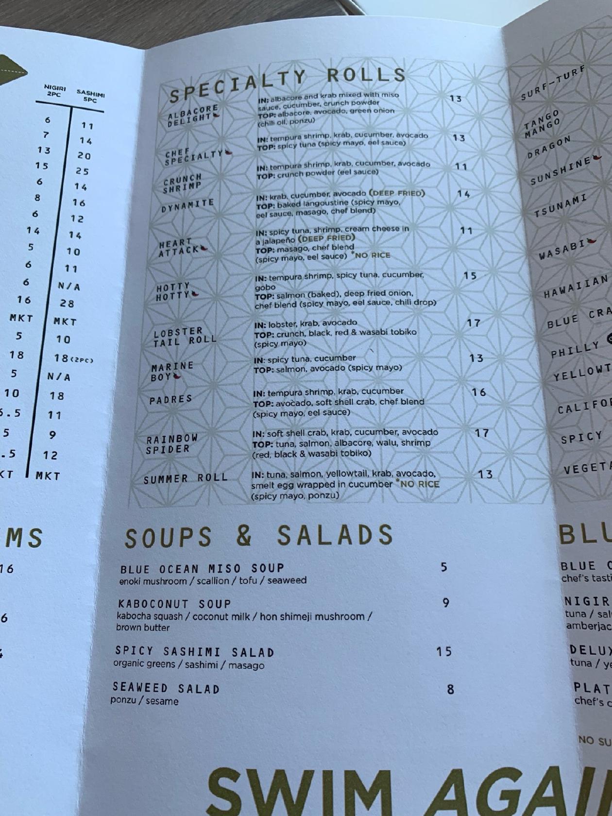 Menu at Blue Ocean restaurant, San Diego