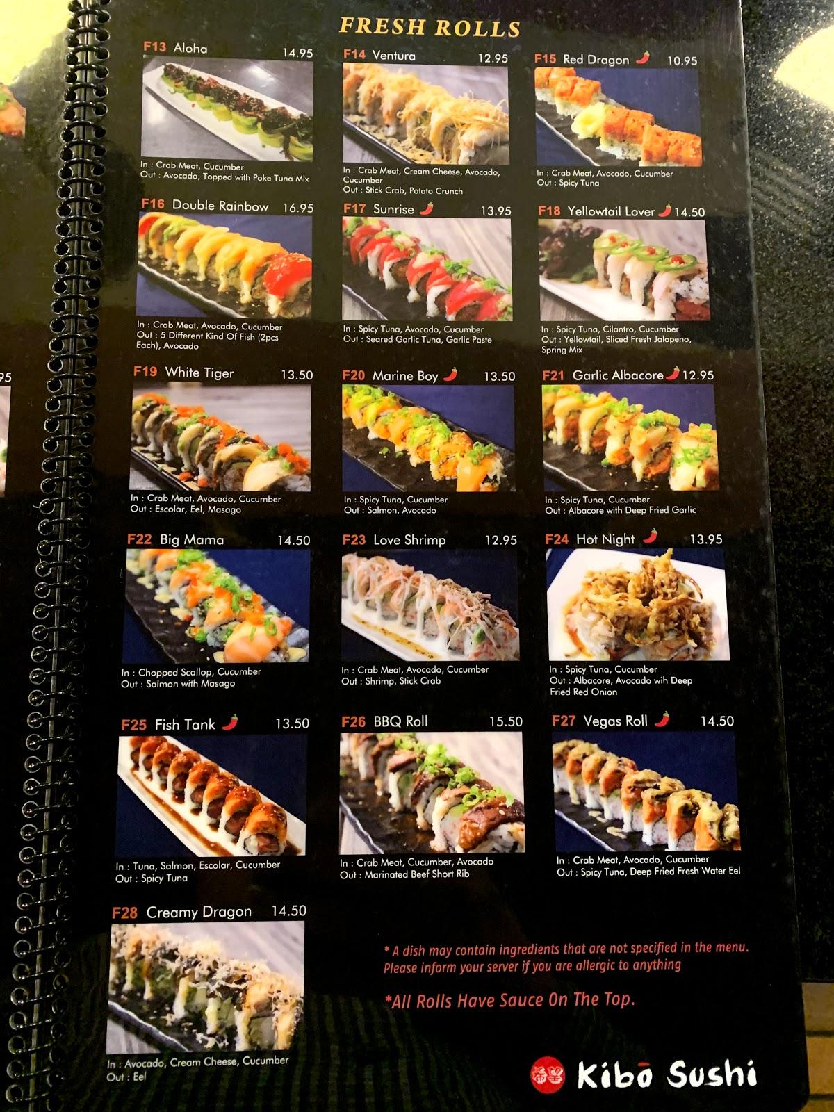 Menu at Kibo Sushi restaurant, Ventura