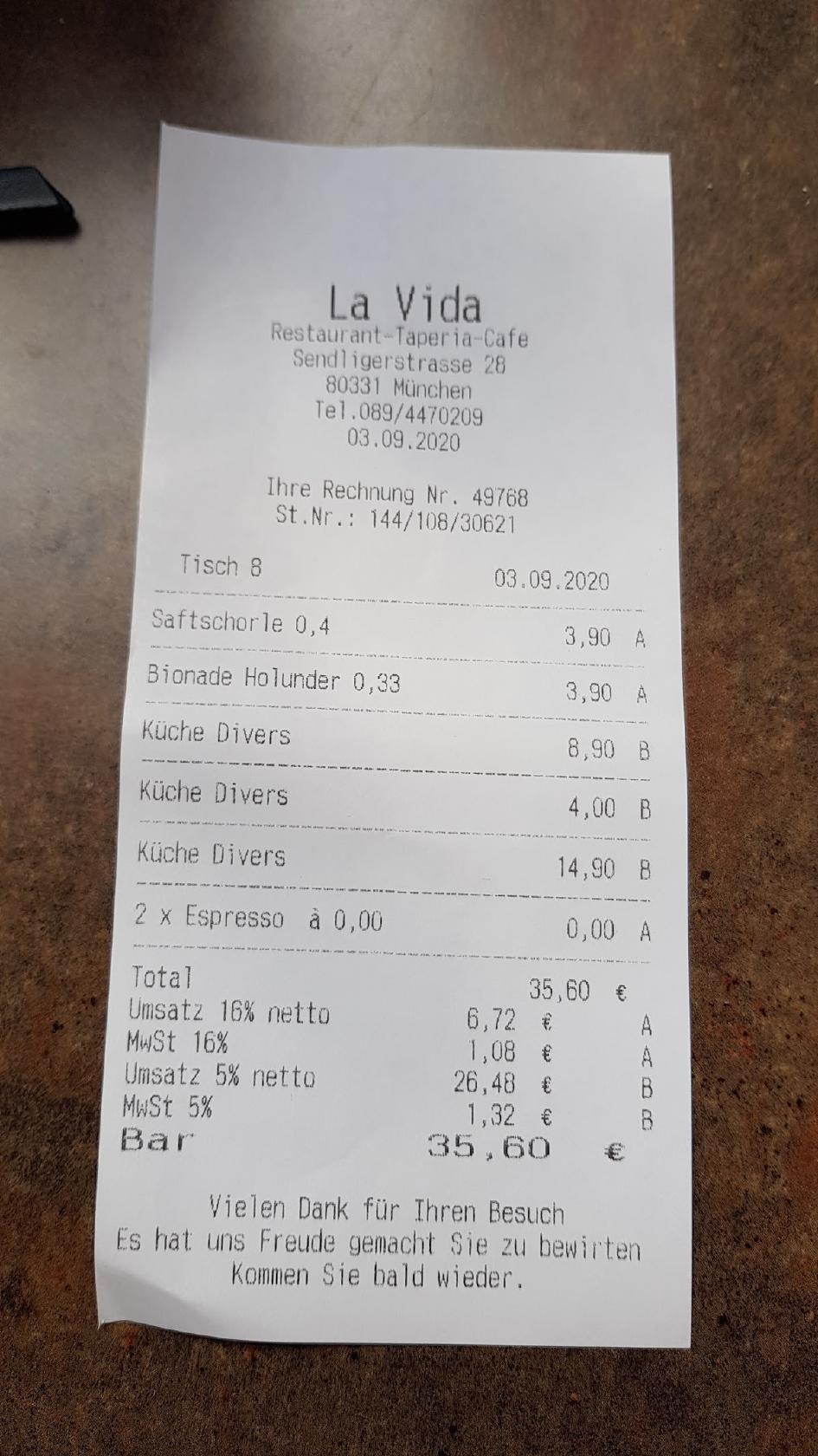 Speisekarte von La Vida restaurant, München
