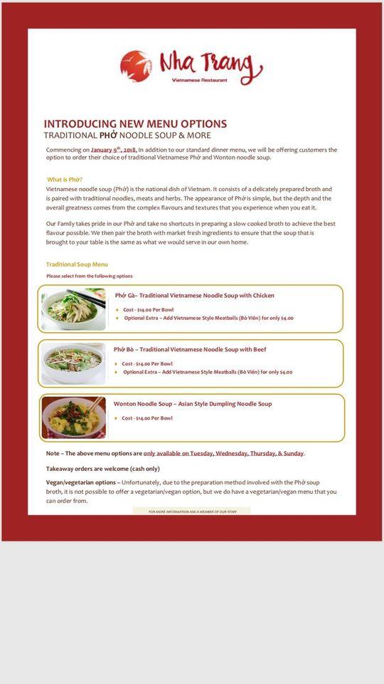 Menu at Nha Trang Restaurant, Frankston