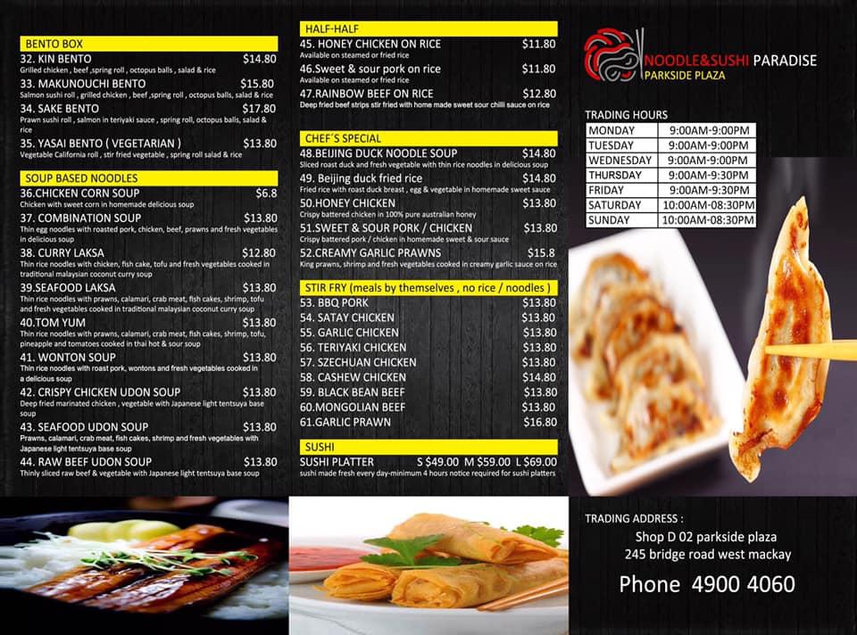 Menu at Noodle and Sushi Paradise restaurant, West Mackay