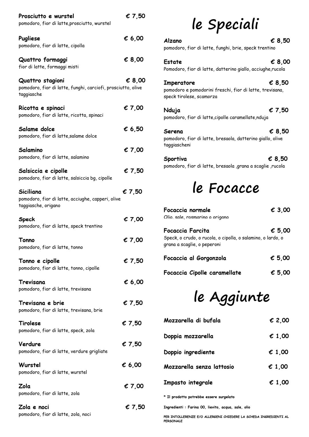 Menu da Pizzeria Serena, Alzano Lombardo