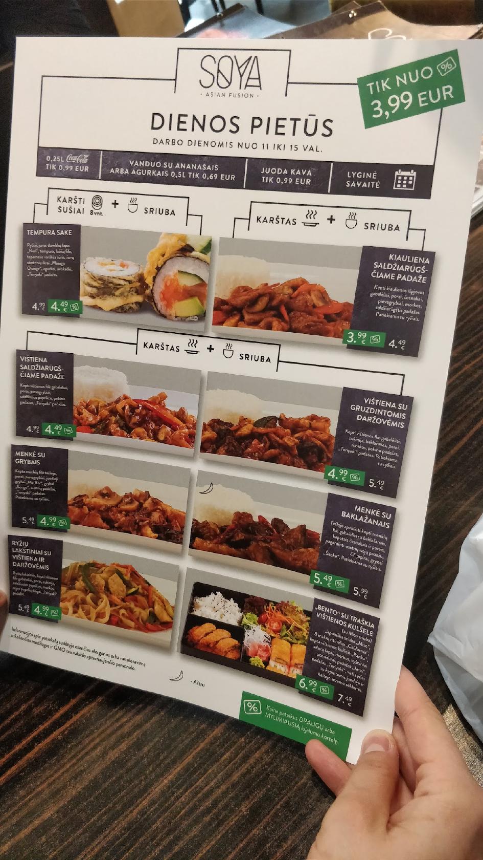Menu at SOYA restaurant, Šiauliai