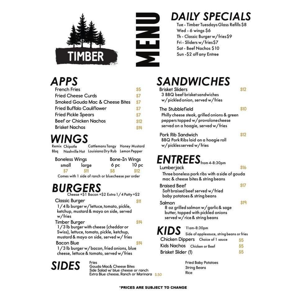 Menu at Timber pub & bar, Pullman