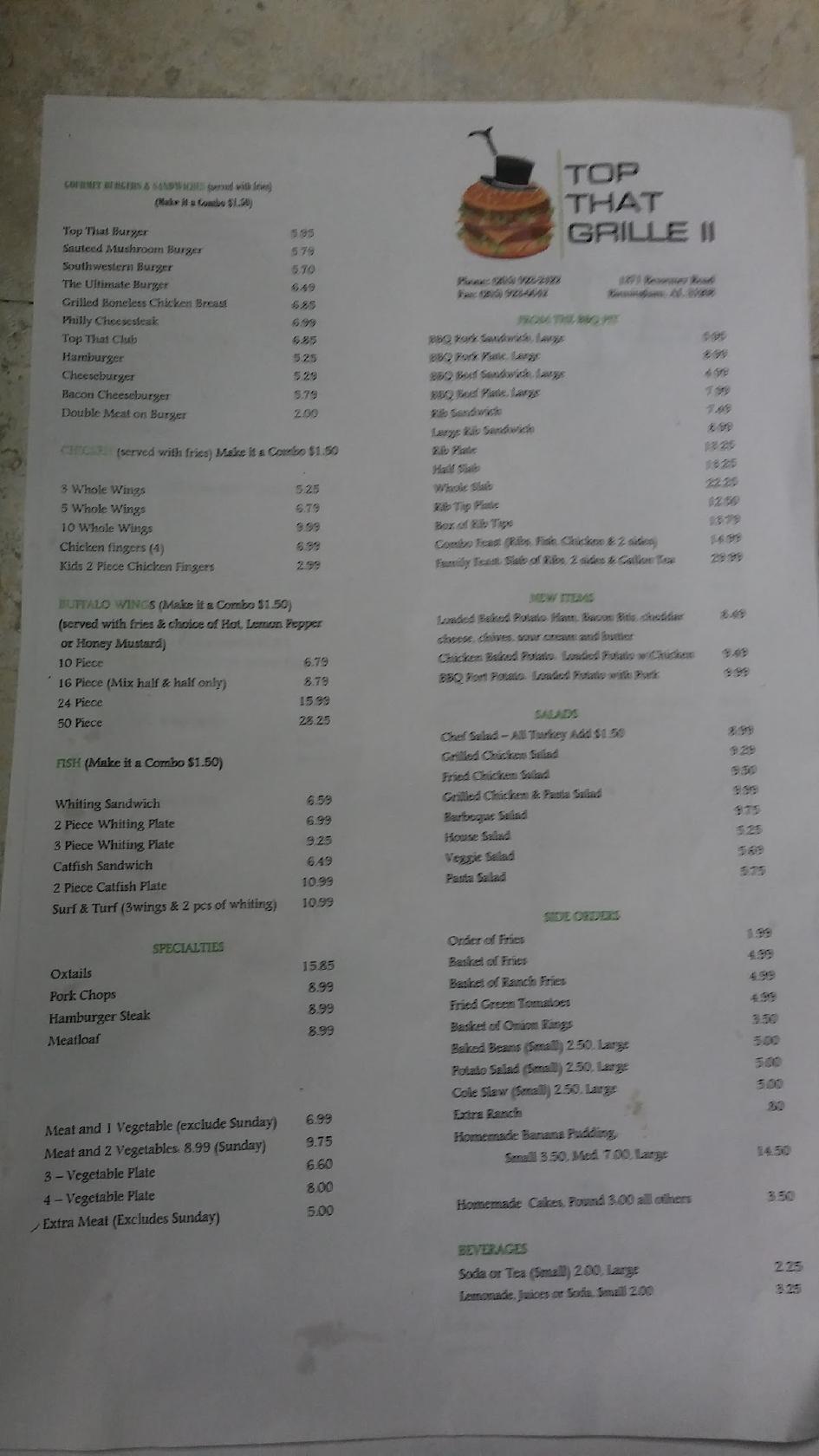 Menu at Top That Grille II restaurant, Birmingham, Bessemer Rd