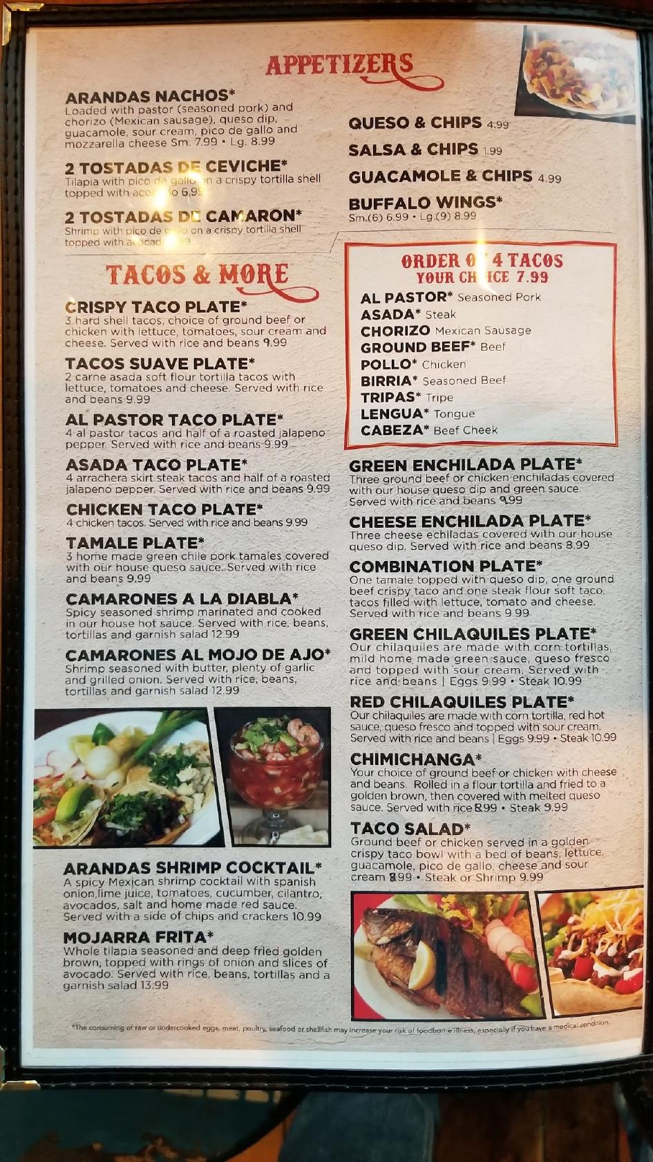 Menu at Arandas Tacos restaurant, Branson