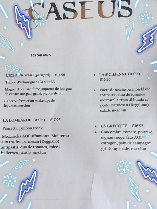 Menu at Caseus restaurant, Limoges