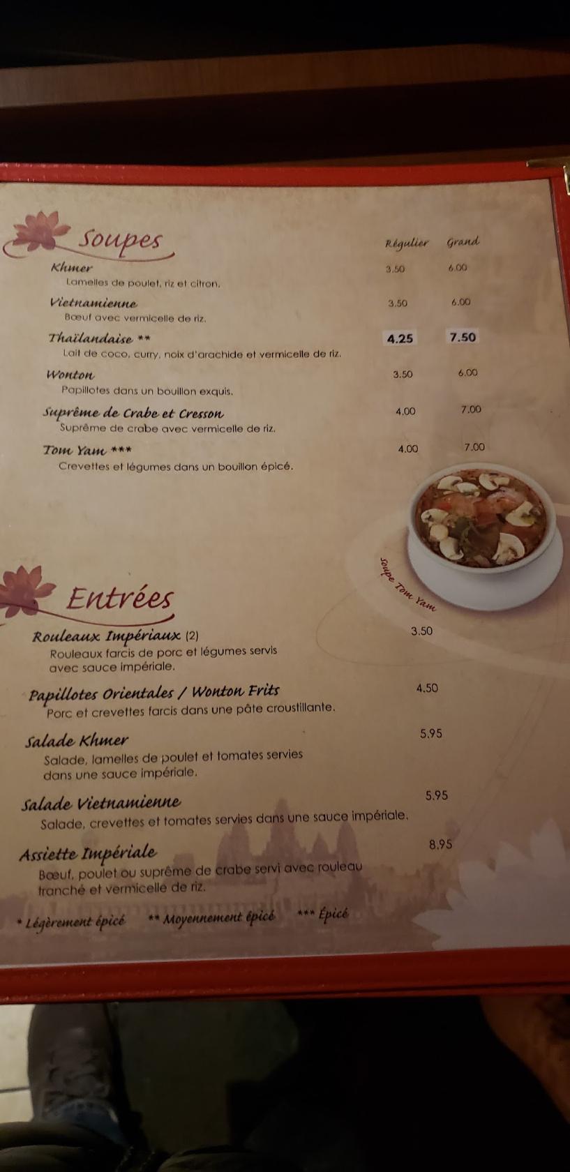 Menu au Lotus D'Angkor restaurant, Québec