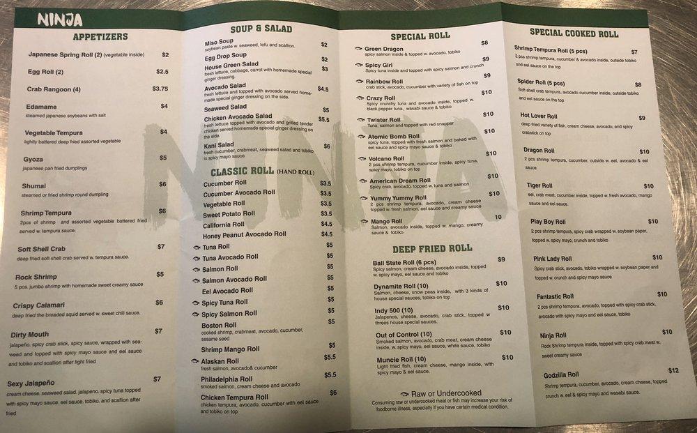 Menu at NINJA OF JAPAN desserts, Muncie