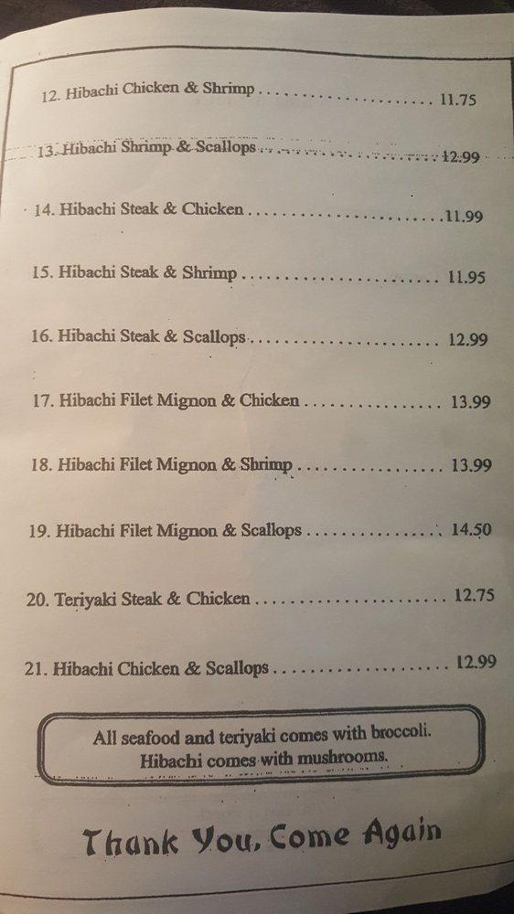 Menu at Osaka Express Japanese Cuisine restaurant, Toccoa
