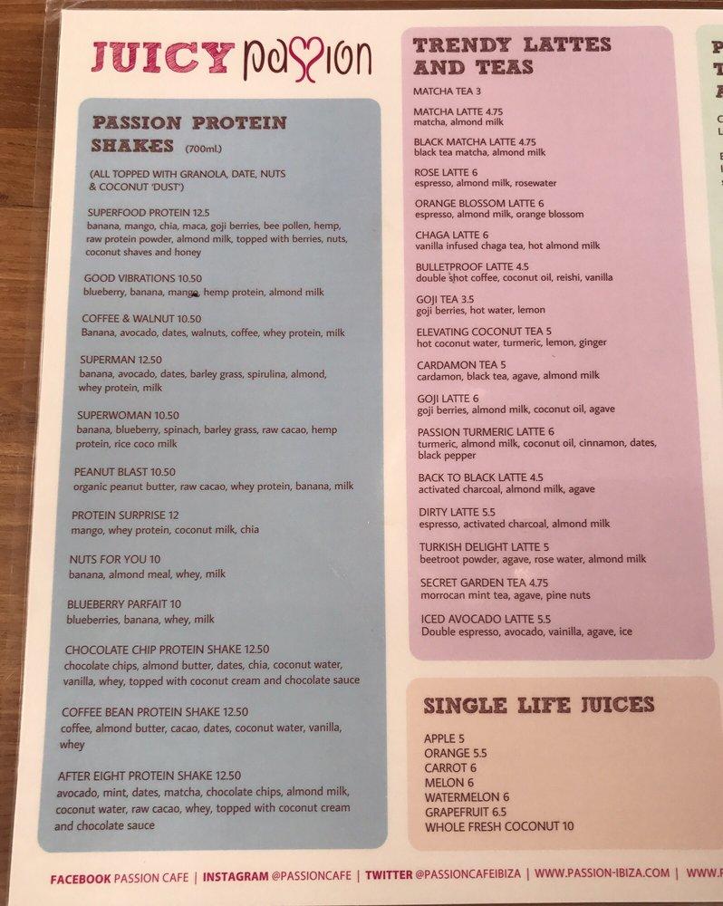 Menu at Passion Marina pub & bar, Ibiza, Edificio Mediterraneo
