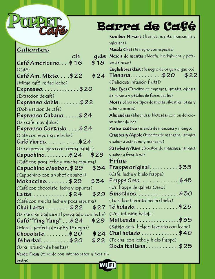 Menu at Puppet cafe, Mexico City