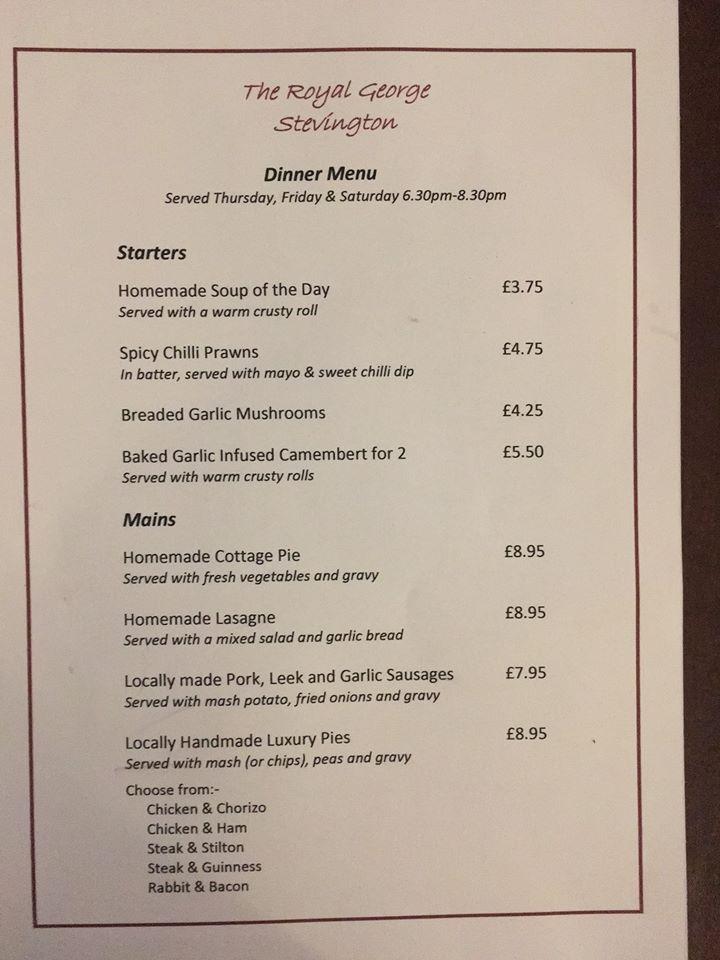 Menu at The Royal George at Stevington pub & bar, Bromham, The Royal George