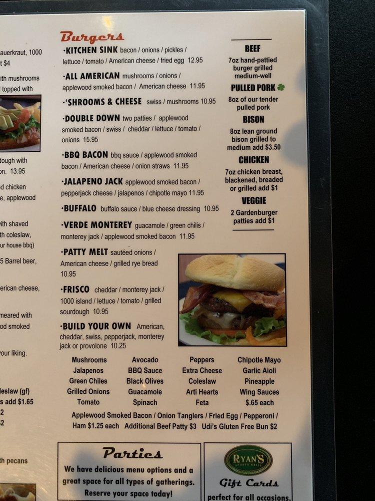 Menu at Ryan's Sports Grill pub & bar, Fort Collins