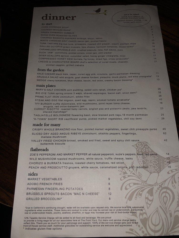 Menu at The Front Yard restaurant, Universal City