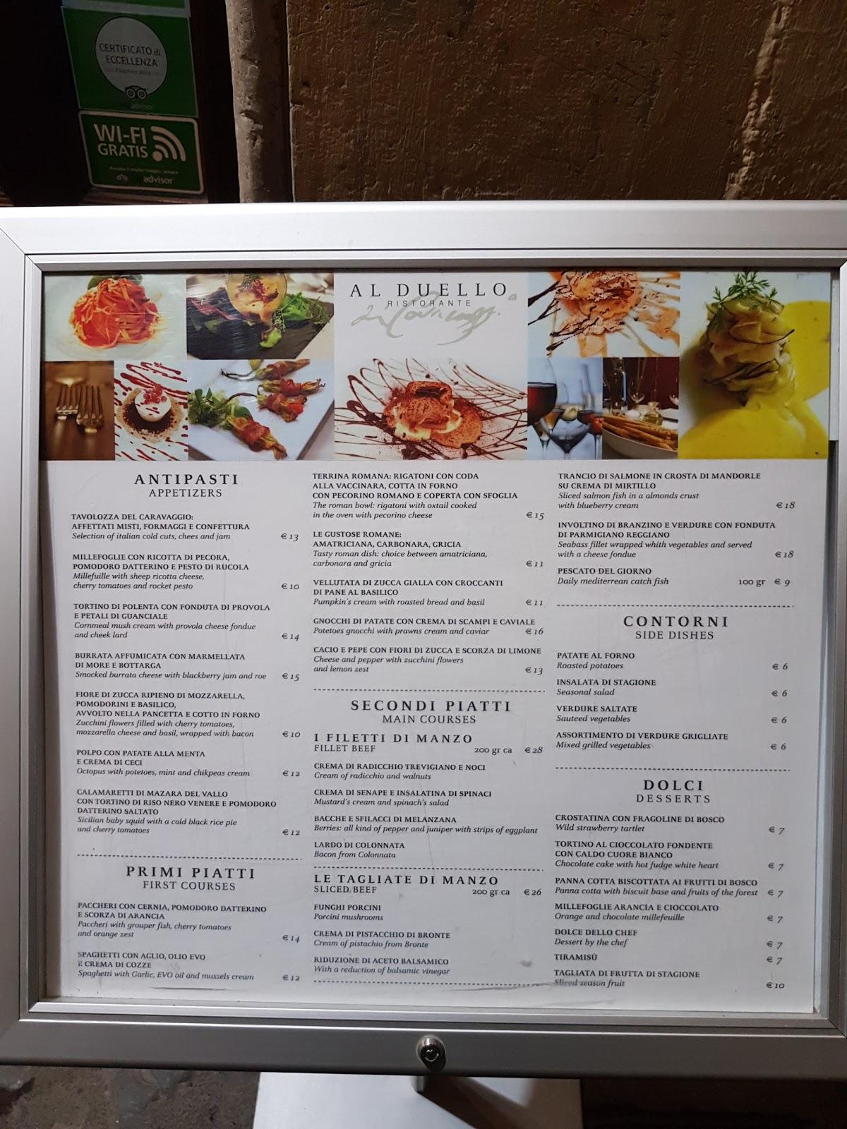 Menu da Al Duello pub & bar, Roma, Vicolo della Vaccarella