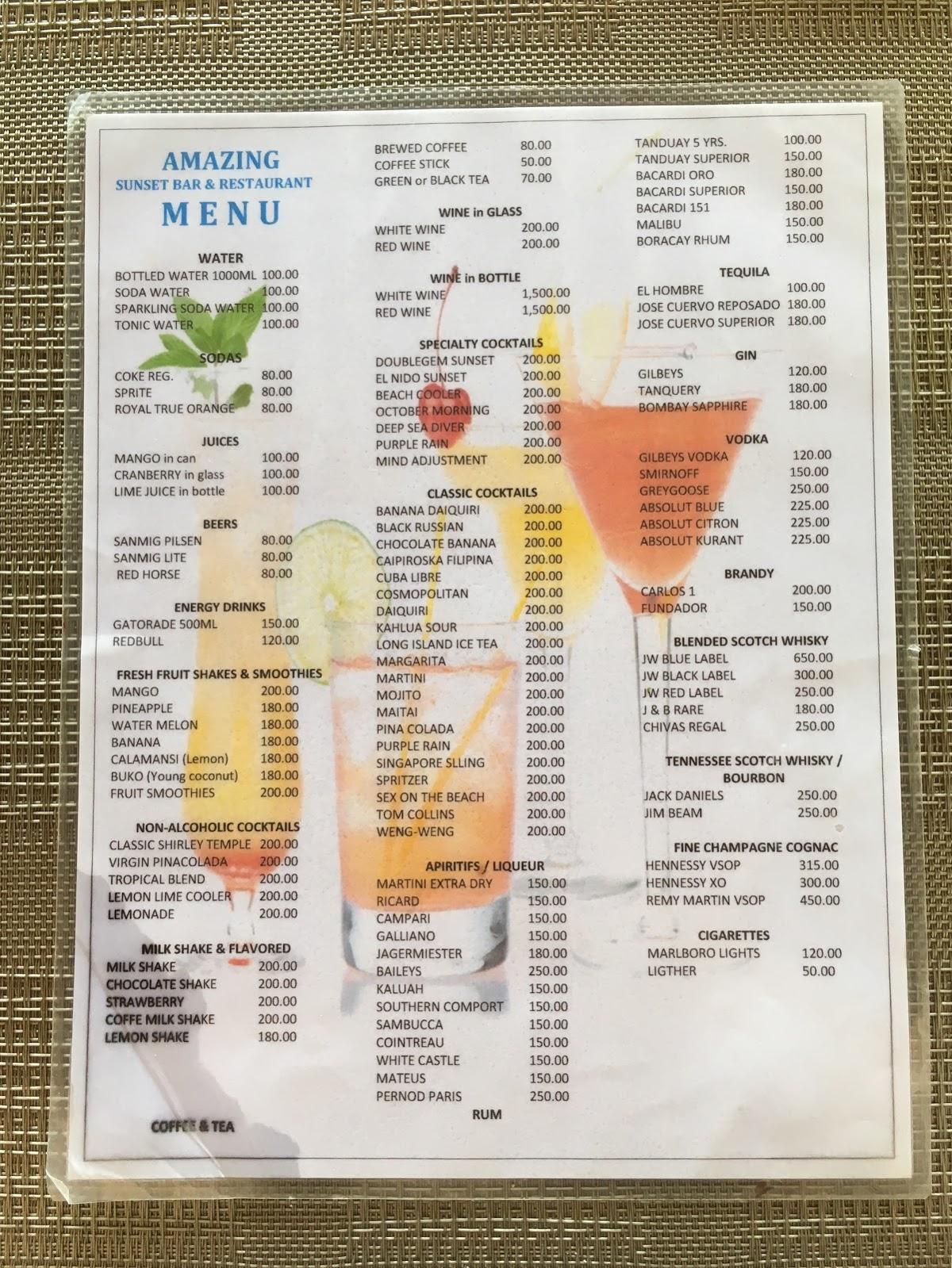 Menu at Amazing sunset bar, El Nido