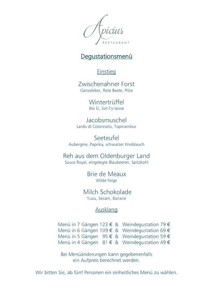 Speisekarte von Apicius Gourmet-Restaurant im Jagdhaus, Bad Zwischenahn