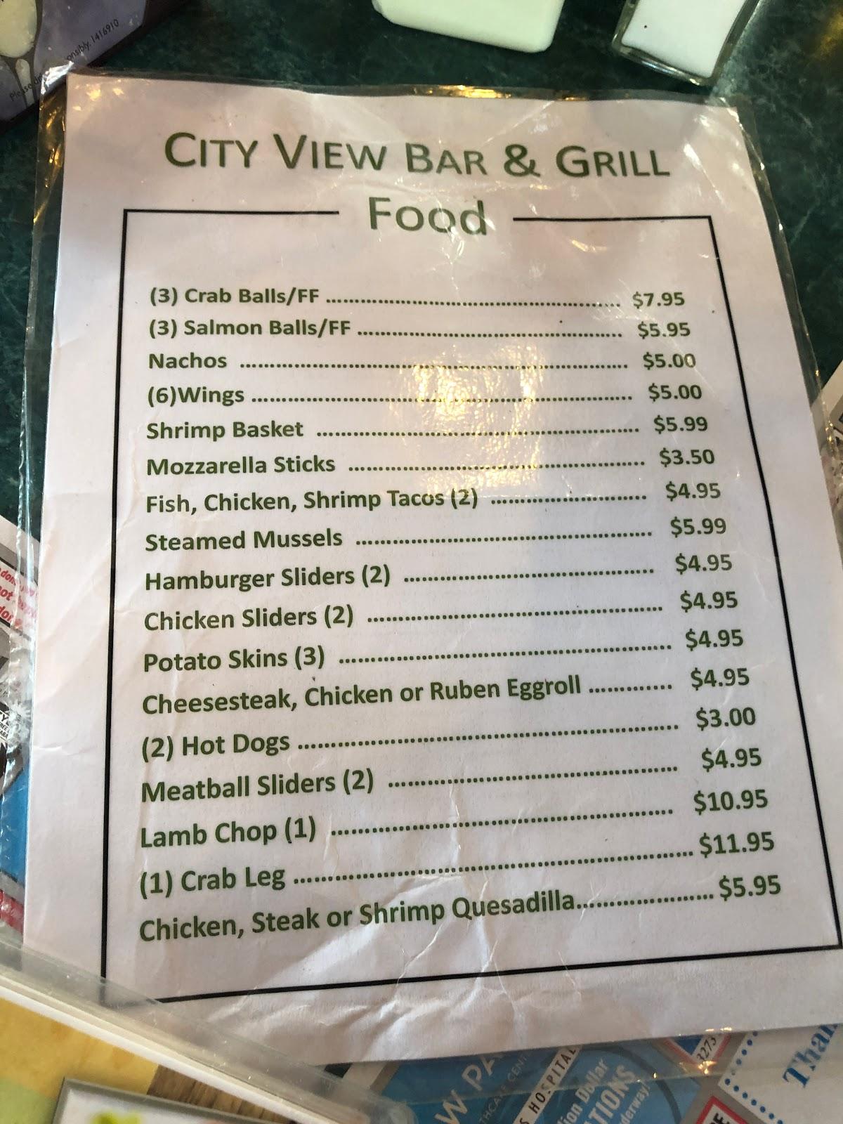 Menu at City View Bar & Grill, Baltimore