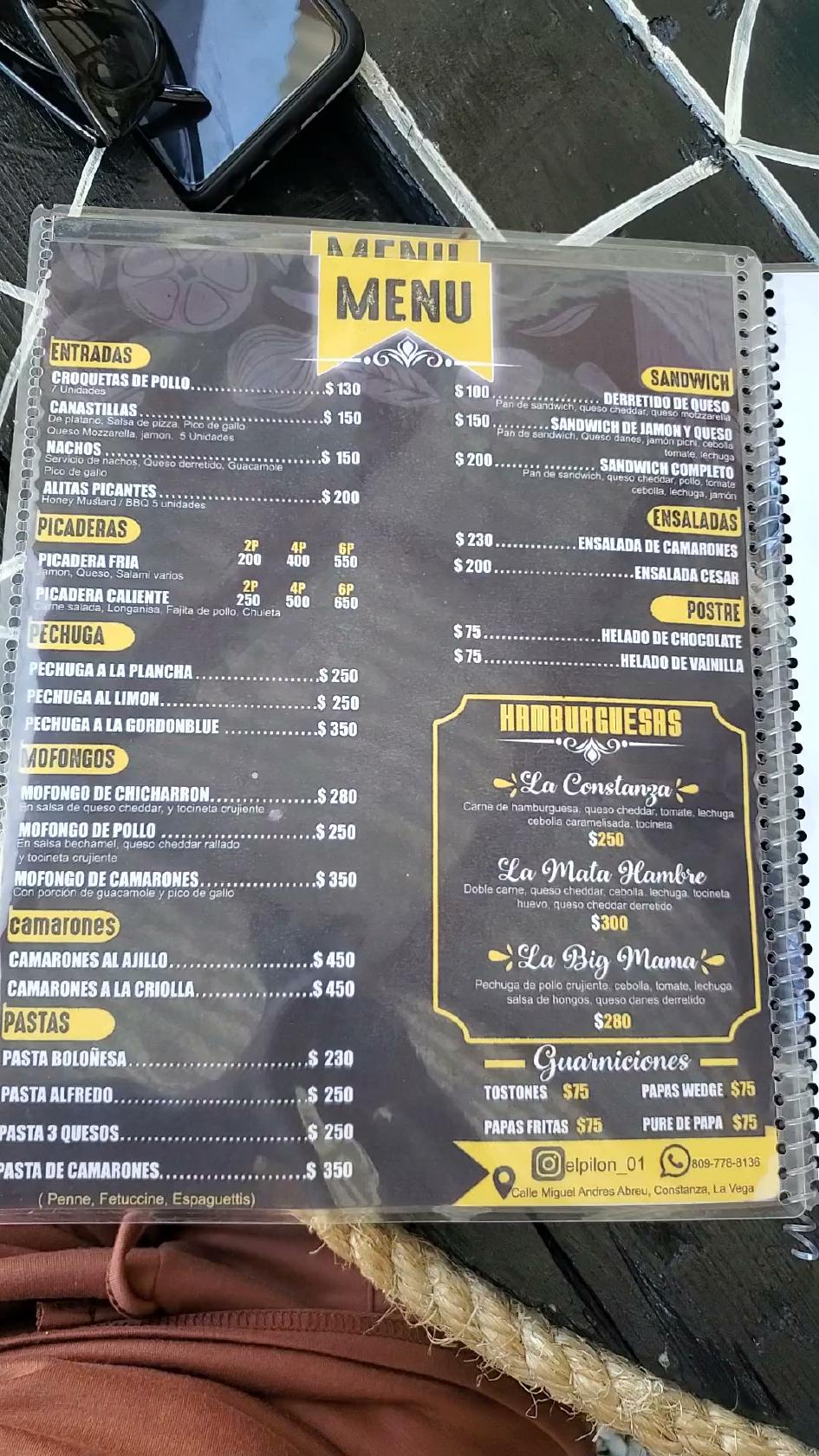Menu at El Pilón restaurant, Constanza