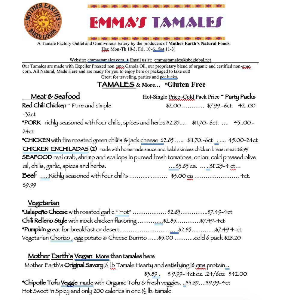 Menu at Emma's Tamales restaurant, Sacramento, Elder Creek Rd