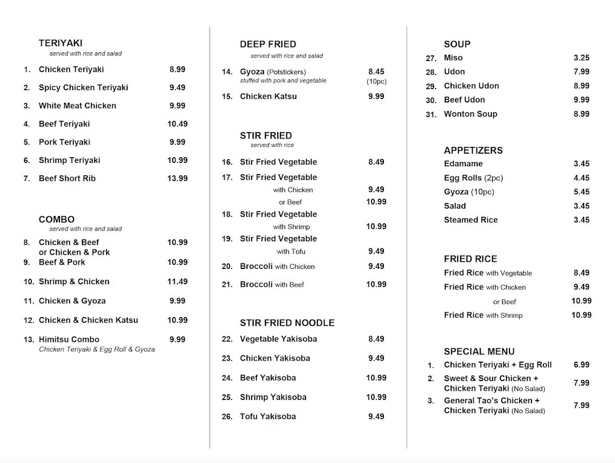 Menu at Himitsu Teriyaki restaurant, Snoqualmie