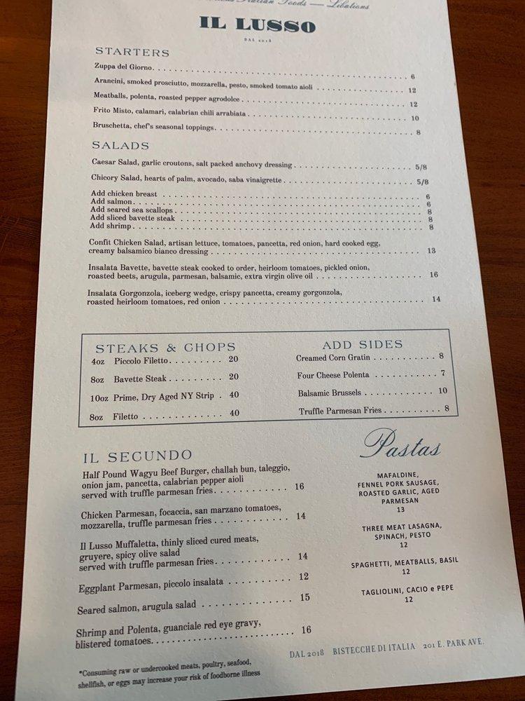 Menu at IL Lusso steakhouse, Tallahassee