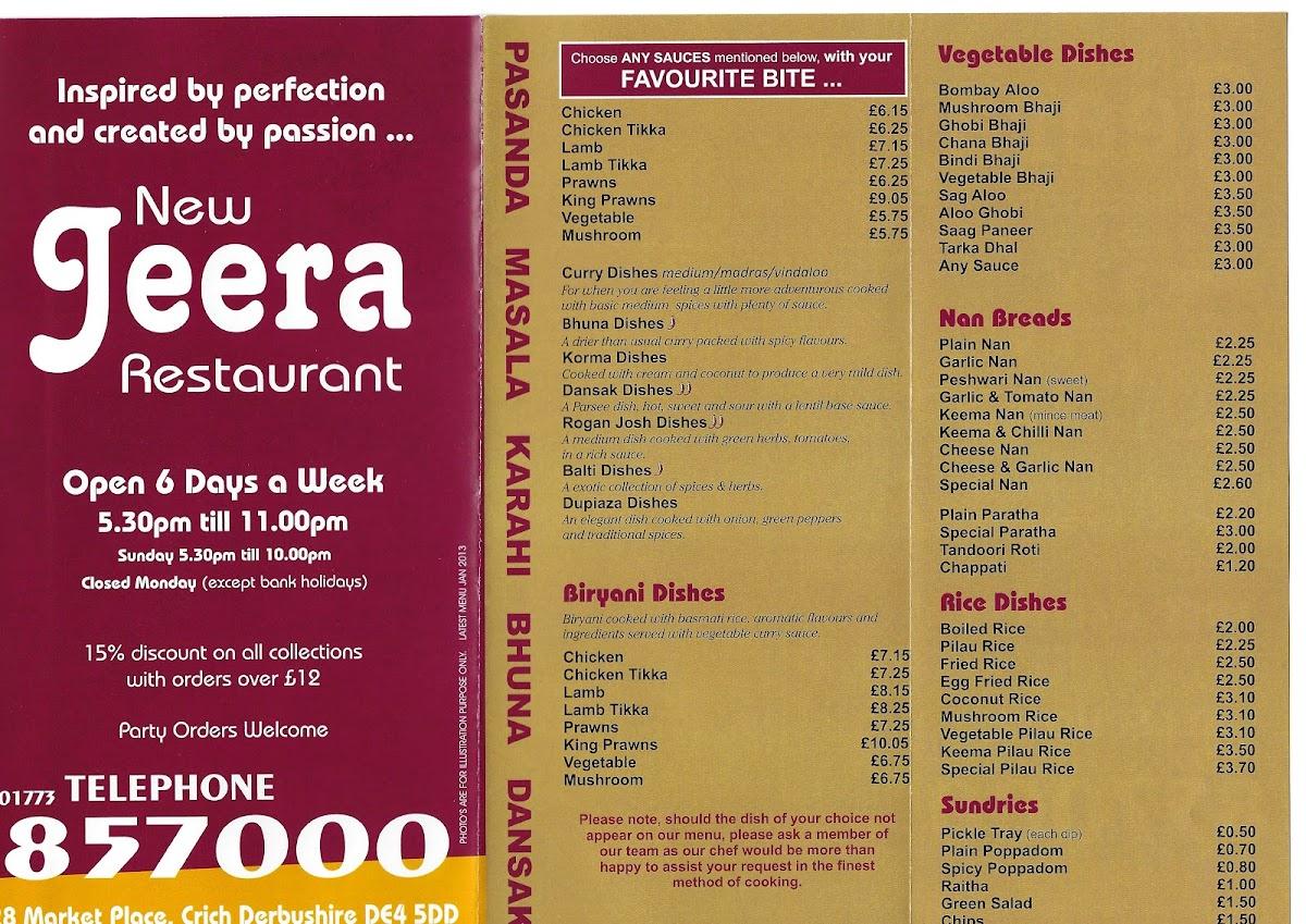 Menu at JeeraLounge Restaurant, Crich