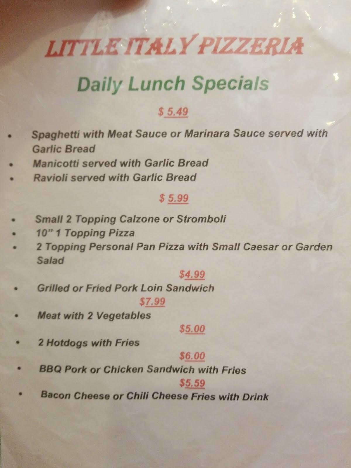 Menu at Little Italy Pizzeria, McCormick