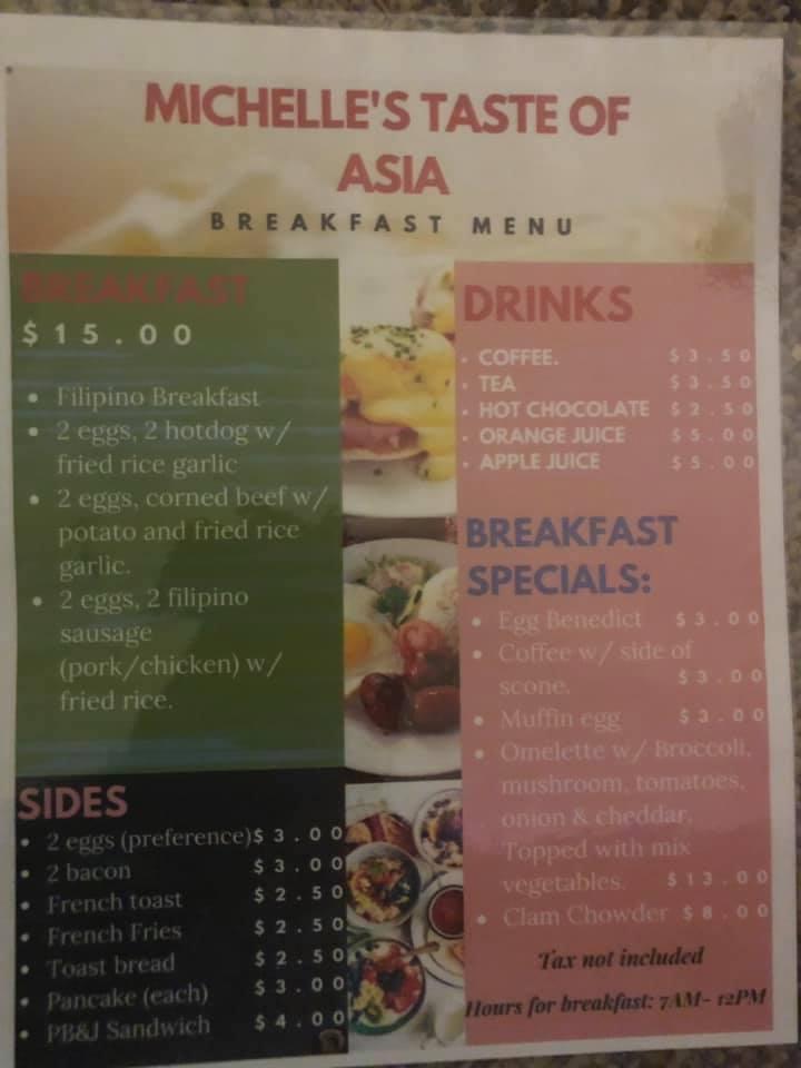 Menu at Michelle's Taste of Asia restaurant, Wrangell