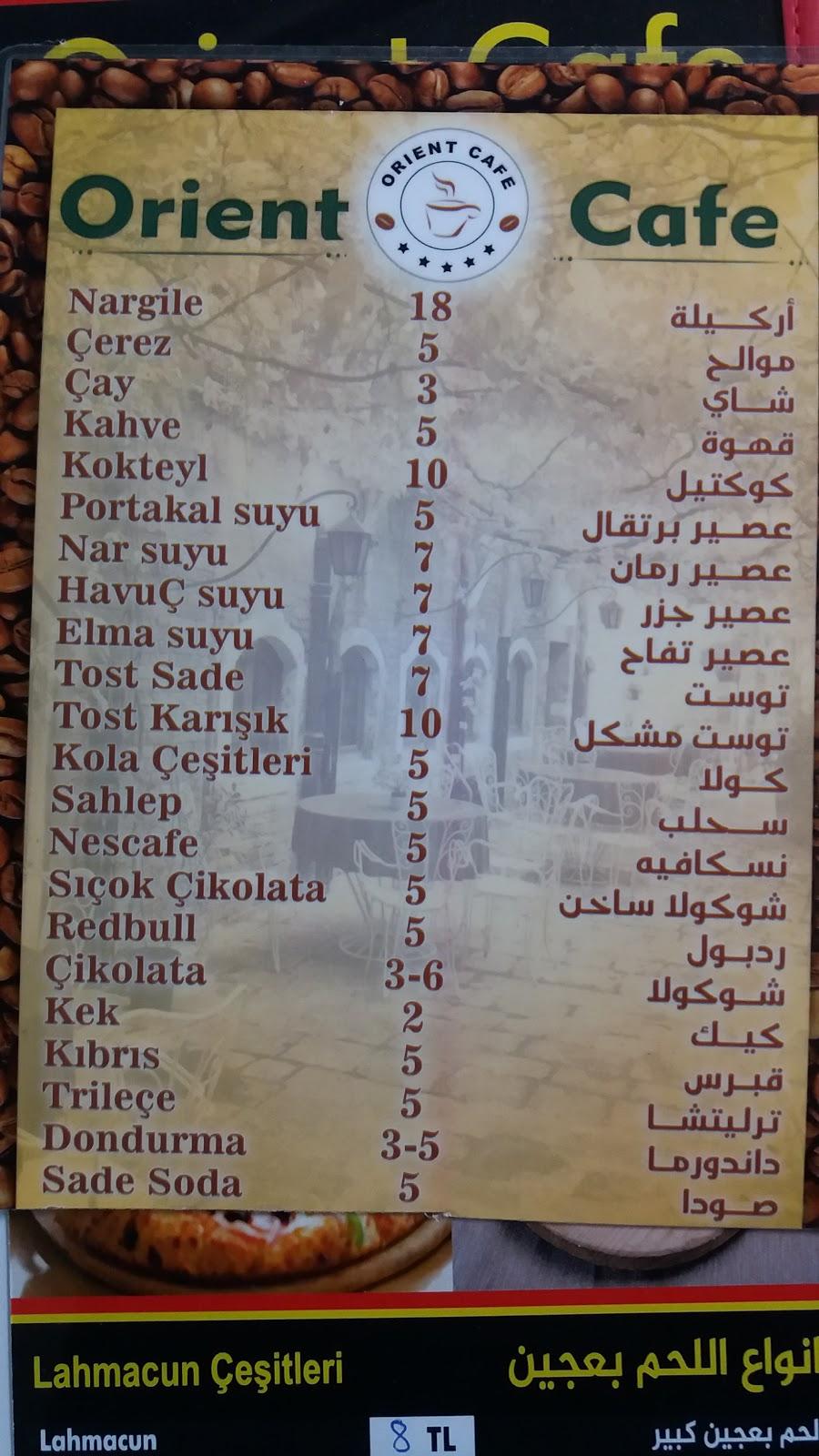 Menu at Orient Cafe, Istanbul, Şht. Pilot Mahmut Nedim Sokağı No:6