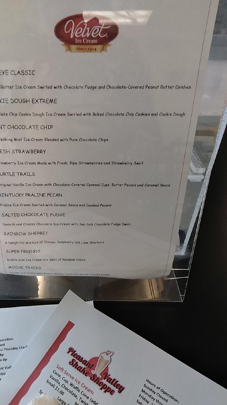 Menu at Pleasant Valley Shake Shoppe restaurant, Chillicothe
