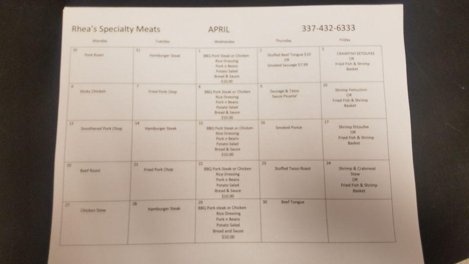 Menu at Rhea's Specialty Meat BBQ, Basile