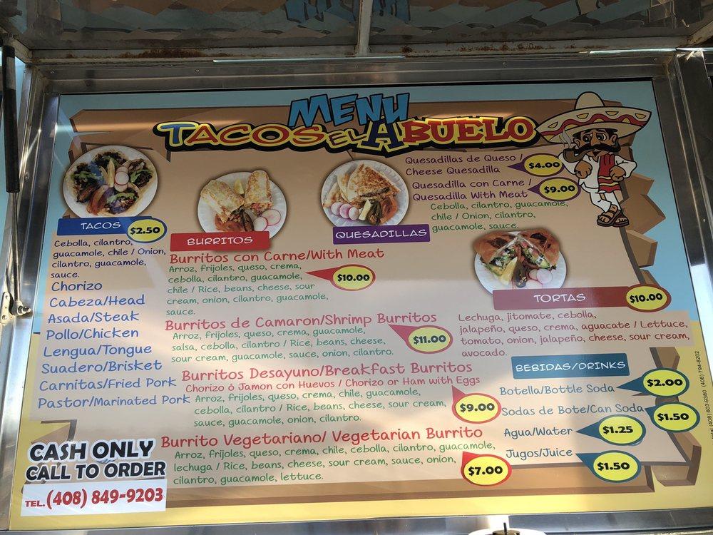 Menu at Tacos el Abuelo restaurant, Gilroy, Masten Ave