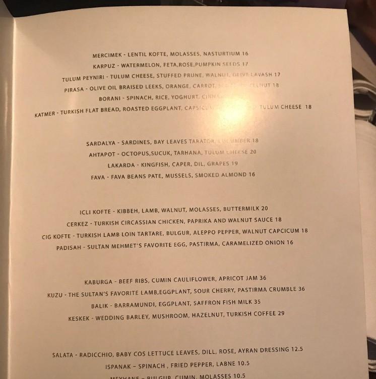 Menu at Tulum Turkish Restaurant, Balaclava
