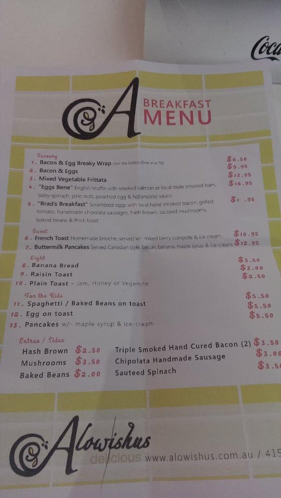 Menu at Alowishus Delicious restaurant, Bundaberg Central