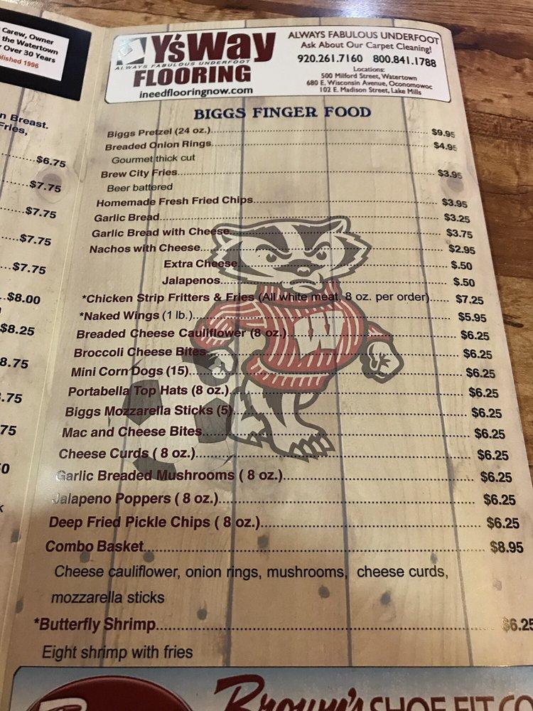 Menu at Bigg's Bar & Grill, Watertown