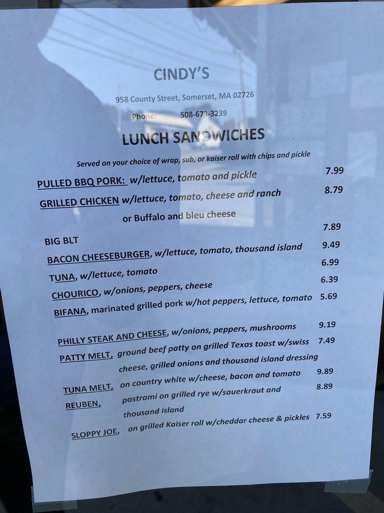 Menu at Cindy's restaurant, Somerset