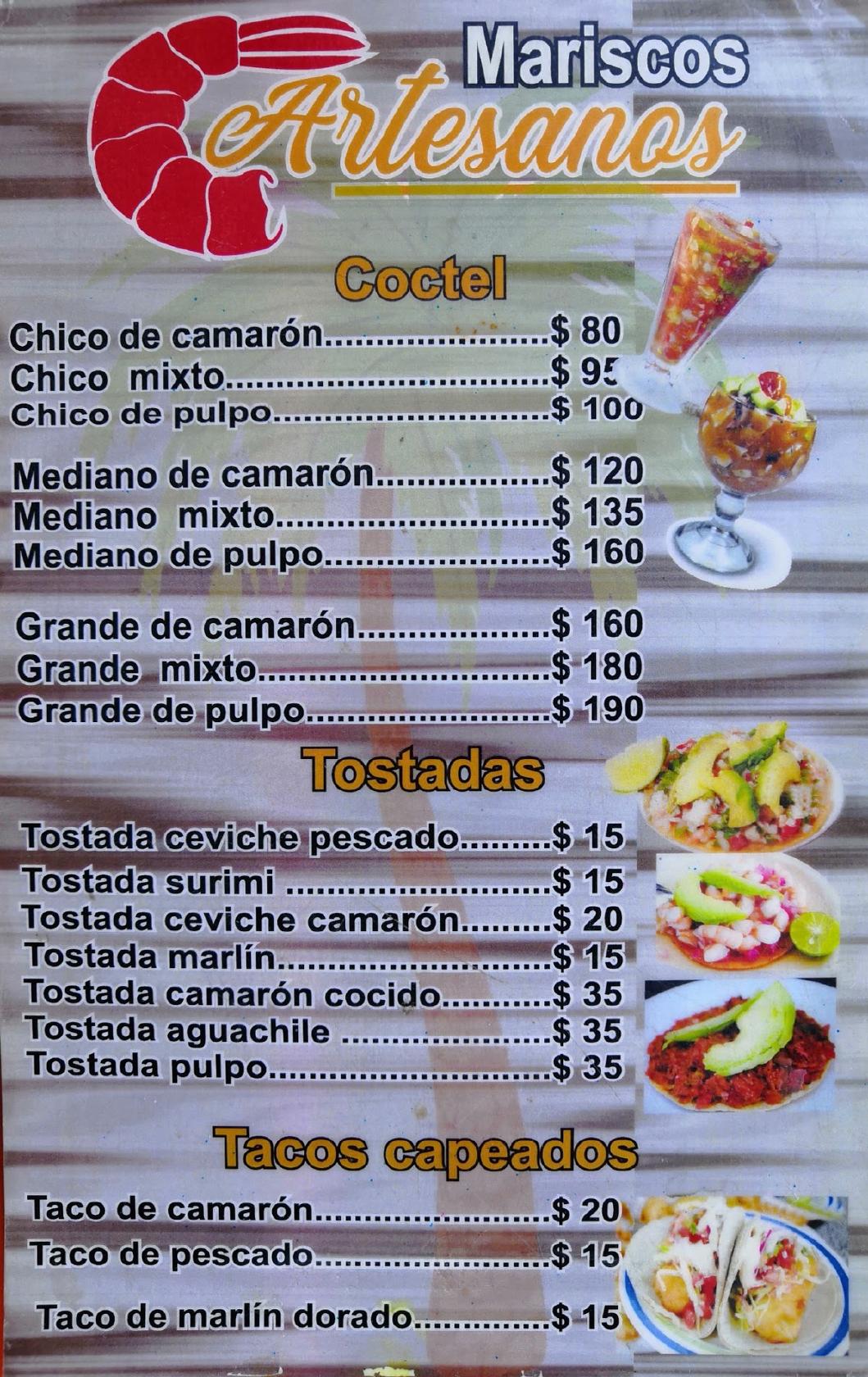 Carta del restaurante Mariscos Artesanos, San Pedro Tlaquepaque