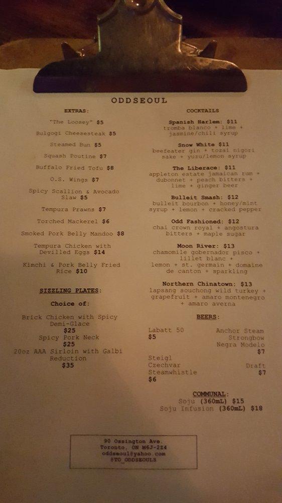 Menu at ODDSEOUL pub & bar, Toronto