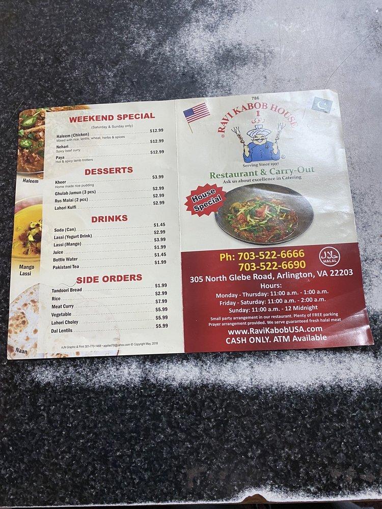 Menu at Ravi Kabob House restaurant, Arlington, 305 N Glebe Rd
