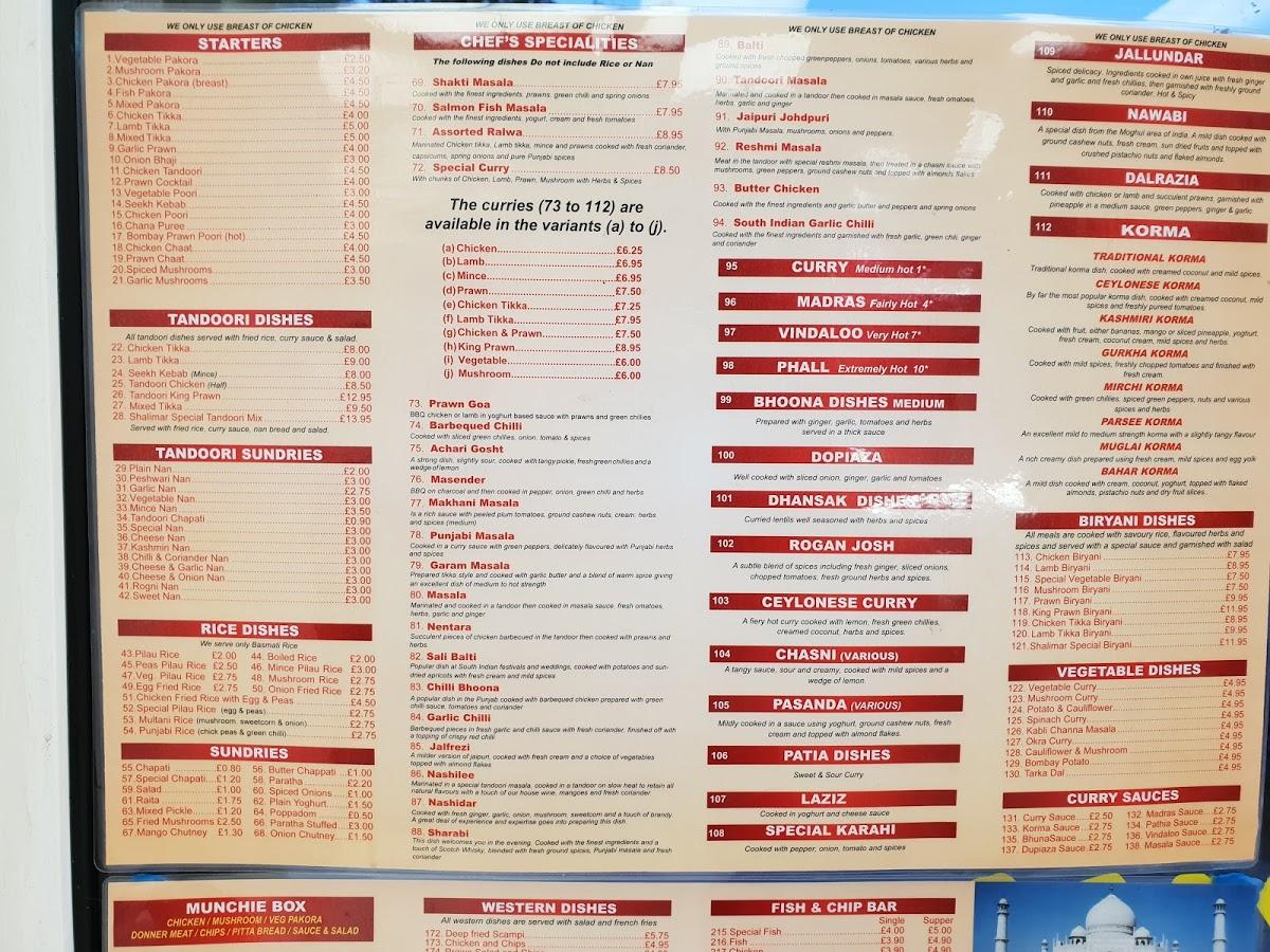 Menu at Shalimar Takeaway fast food, Dunfermline
